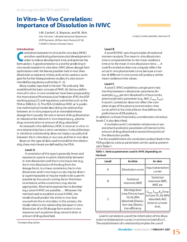 (PDF) In Vitro–In Vivo Correlation: Importance of Dissolution in IVIVC