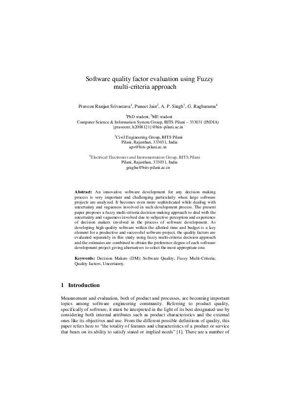 Pdf Software Quality Factor Evaluation Using Fuzzy Multi Criteria