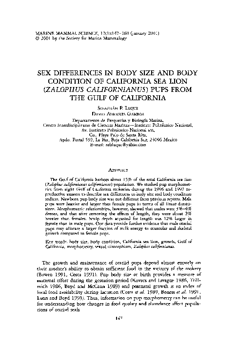 (PDF) SEX DIFFERENCES IN BODY SIZE AND BODY CONDITION OF CALIFORNIA SEA ...