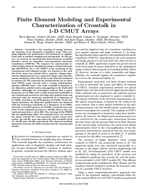Pdf Finite Element Modeling And Experimental Characterization Of Crosstalk In 1 D Cmut Arrays