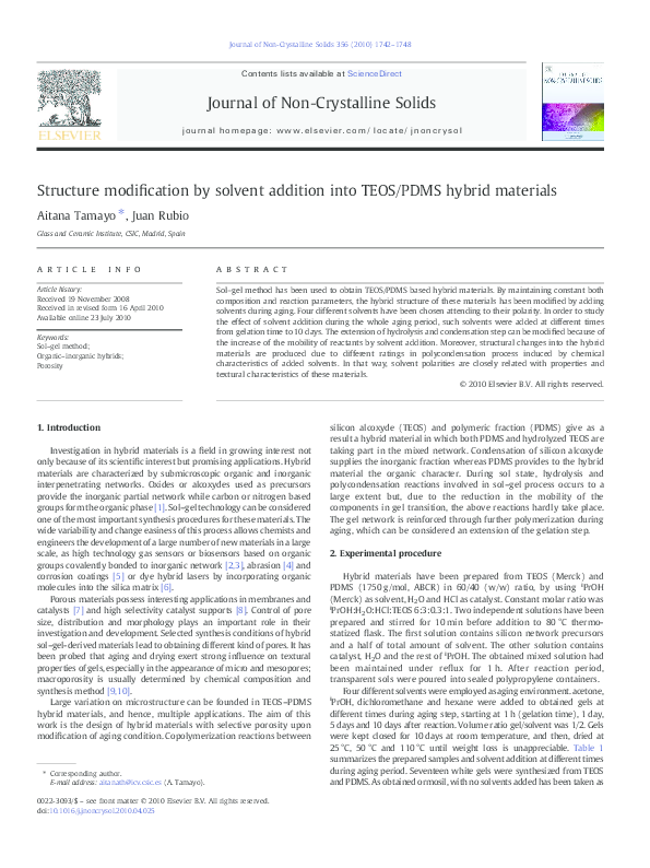 Pdf Structure Modification By Solvent Addition Into Teos Pdms Hybrid