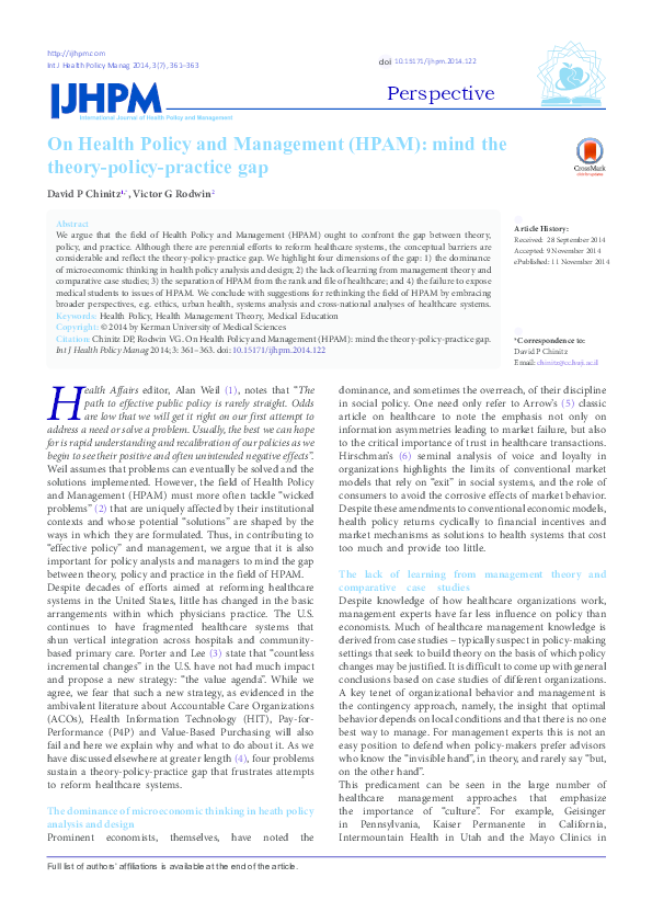 (PDF) On Health Policy and Management: Mind the theory-practice-policy gap