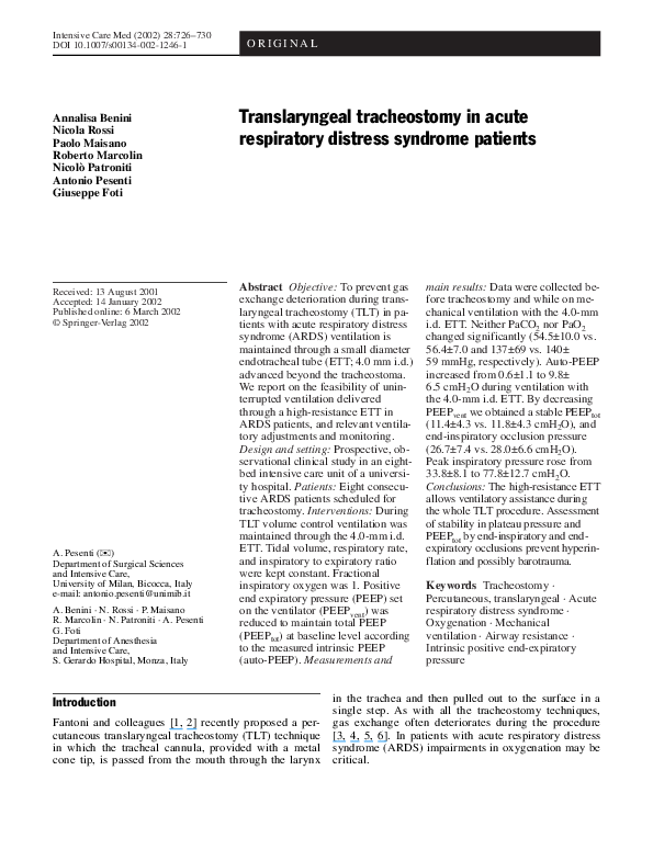 (PDF) Translaryngeal tracheostomy in acute respiratory distress ...