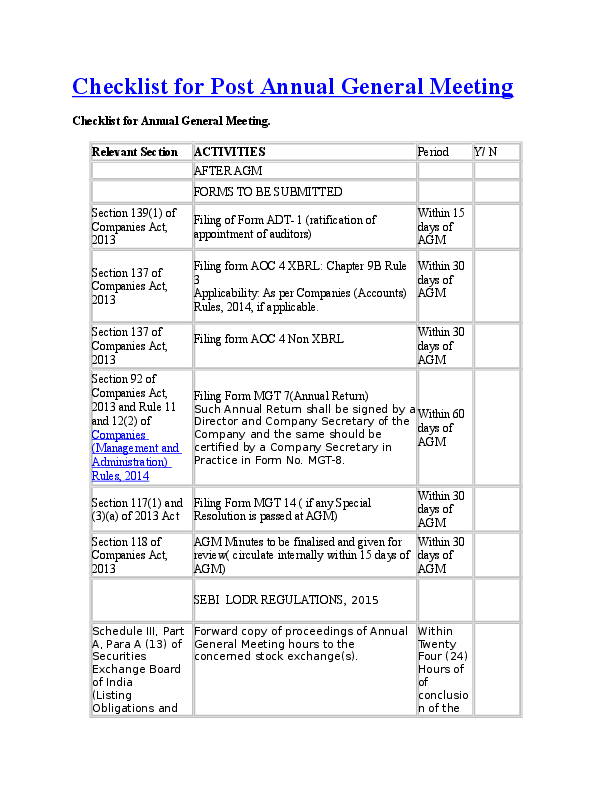 (DOC) Checklist for Post Annual General Meeting Checklist for Annual General Meeting