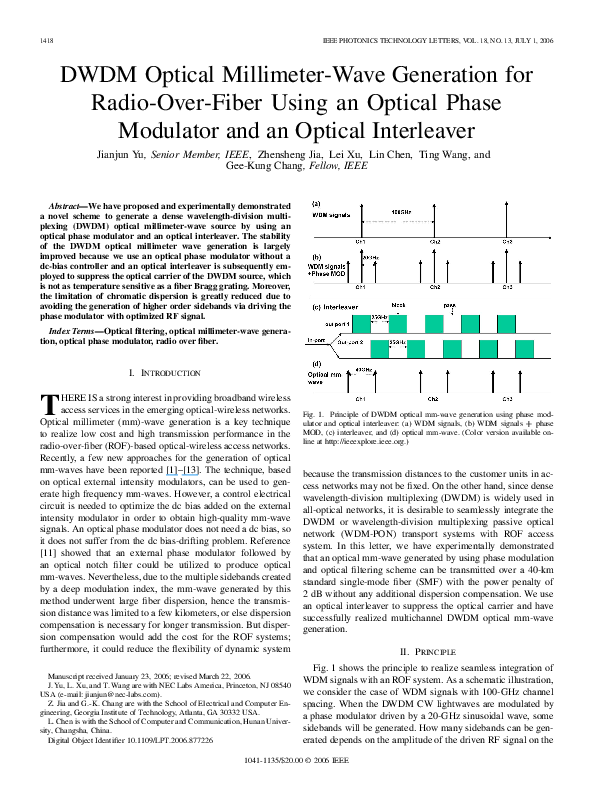 Pdf Dwdm Optical Millimeter Wave Generation For Radio Over Fiber Using An Optical Phase