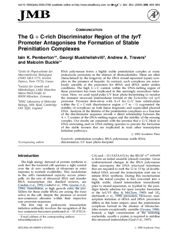 (PDF) The G+C-rich discriminator region of the tyrT promoter ...