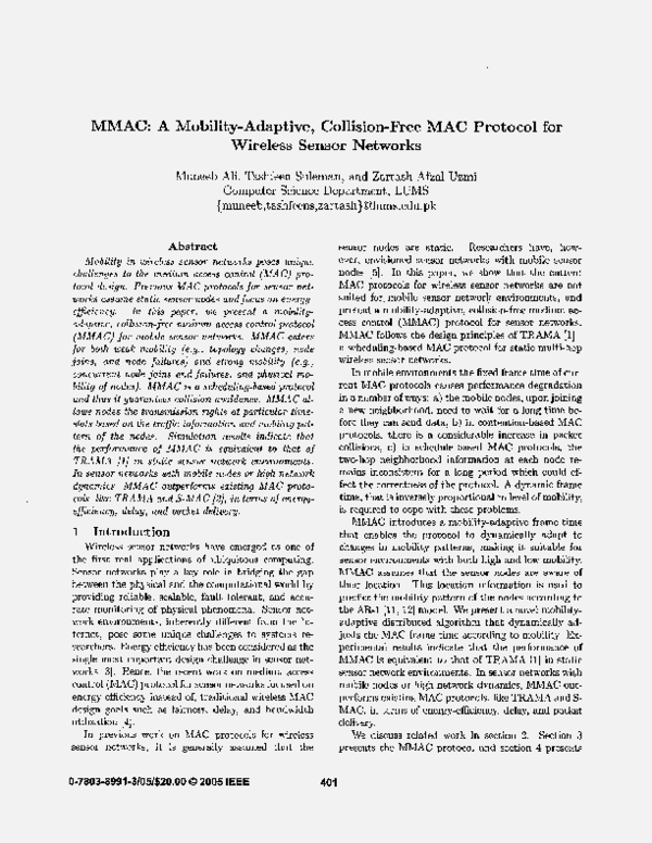 Pdf Mmac A Mobility Adaptive Collision Free Mac Protocol For Wireless Sensor Networks