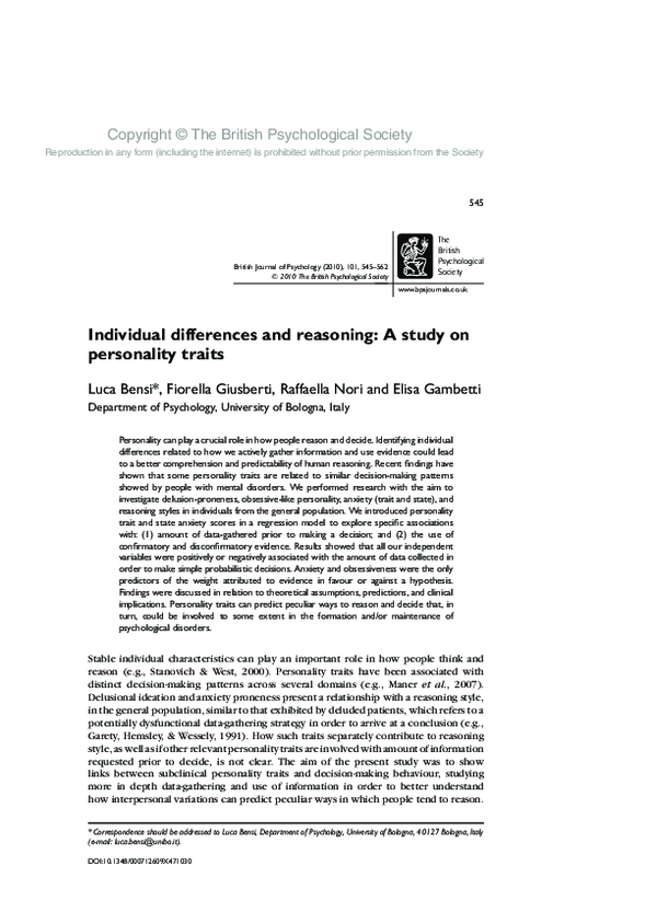 (PDF) Individual differences and reasoning: A study on personality traits