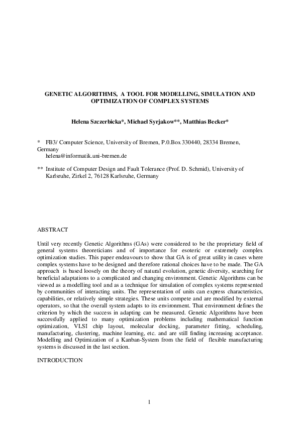 (PDF) Genetic Algorithms: a Tool for Modelling, Simulation, and Optimization of Complex Systems