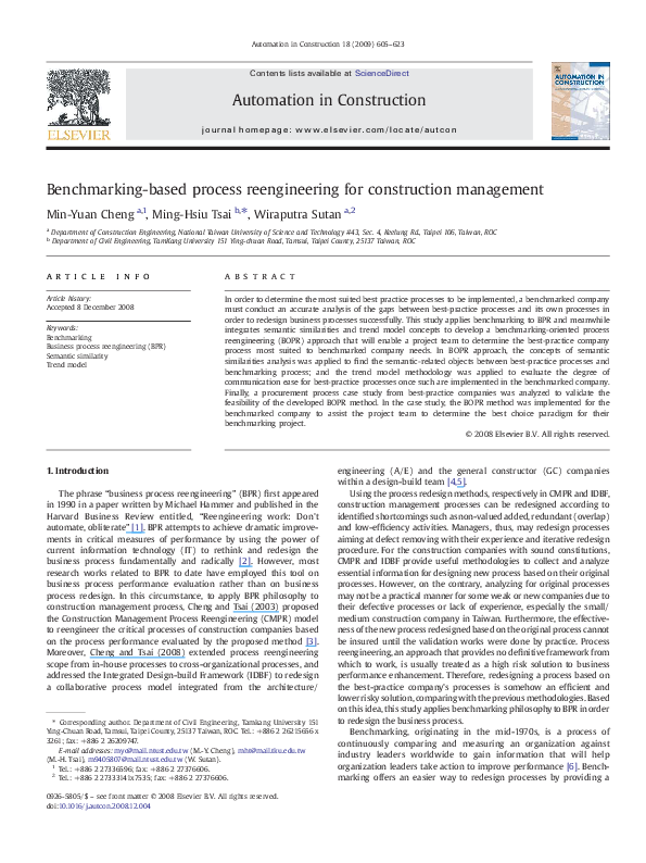 (PDF) Benchmarking-based process reengineering for construction management