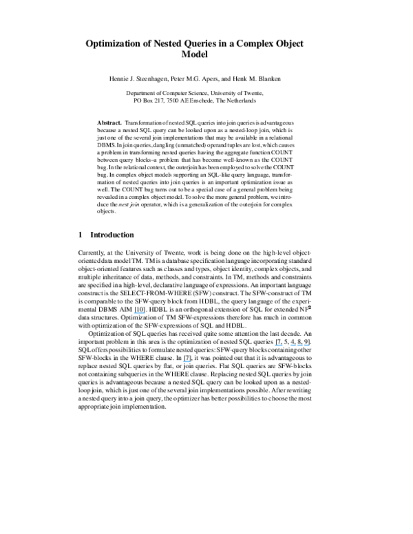 Pdf Optimizing Nested Queries In Complex Models