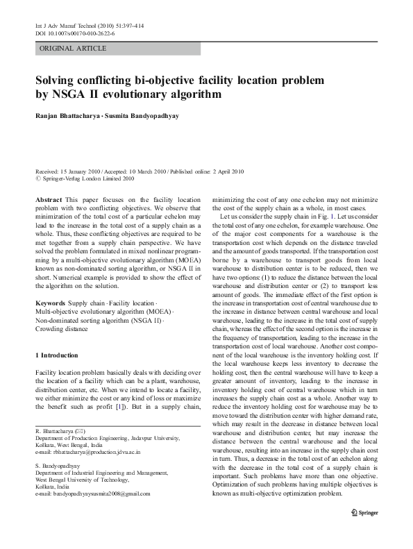 Pdf Solving Conflicting Bi Objective Facility Location Problem By