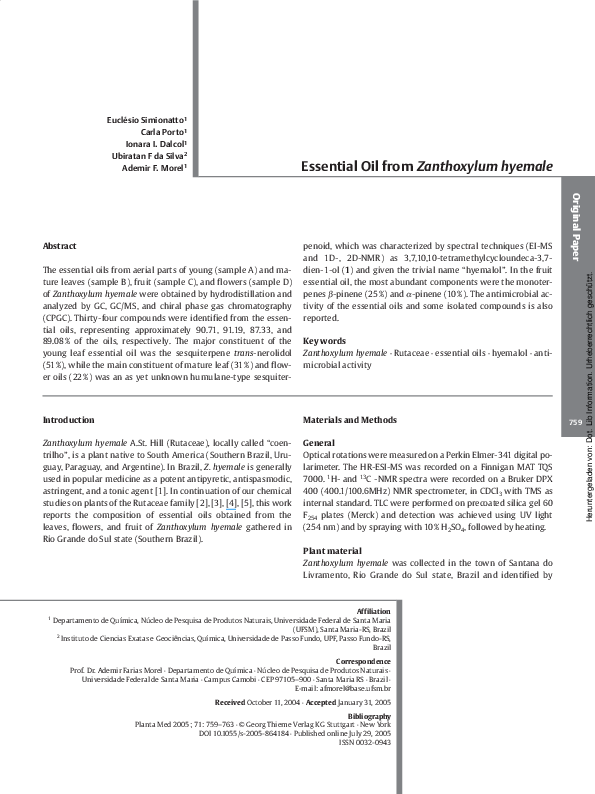 (PDF) Essential Oil from Zanthoxylum hyemale