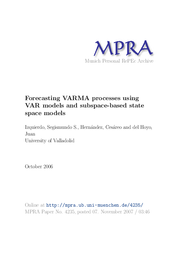 Pdf Forecasting Varma Processes Using Var Models And Subspace Based