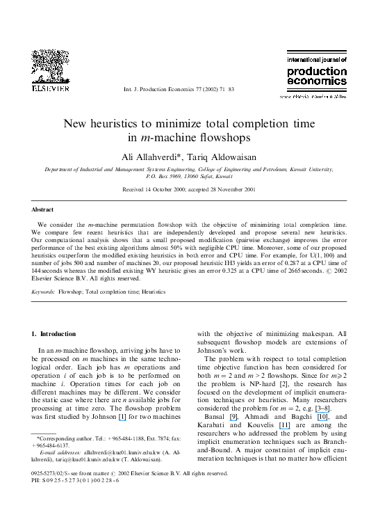 (PDF) New heuristics to minimize total completion time in m-machine flowshops