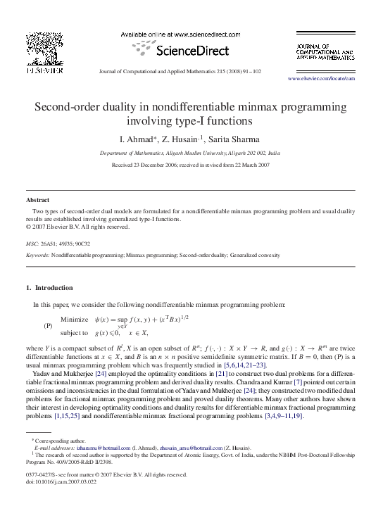 Pdf Second Order Duality In Nondifferentiable Minmax Programming Involving Type I Functions