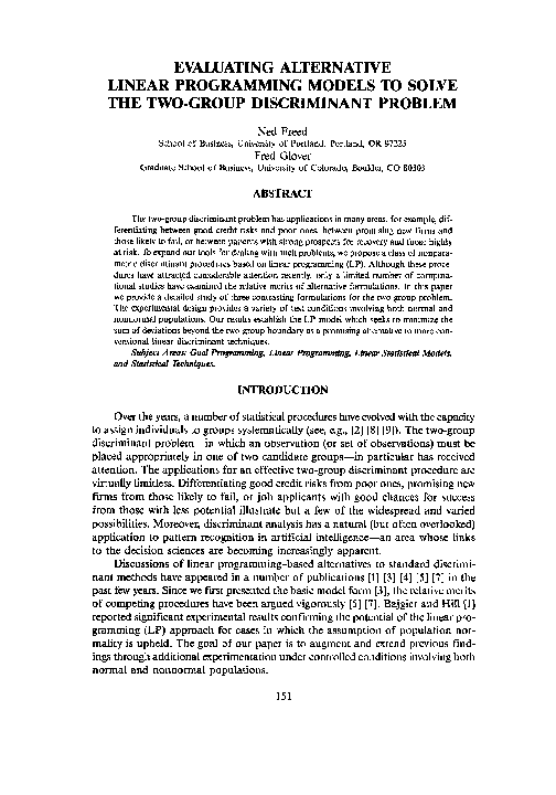 (PDF) EVALUATING ALTERNATIVE LINEAR PROGRAMMING MODELS TO SOLVE THE TWO-GROUP DISCRIMINANT PROBLEM