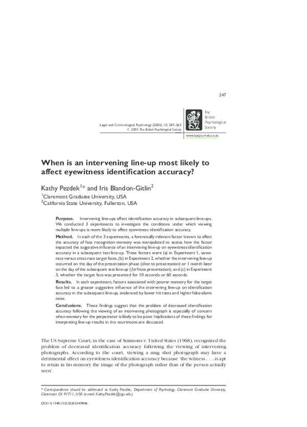 (PDF) When is an intervening line-up most likely to affect eyewitness ...