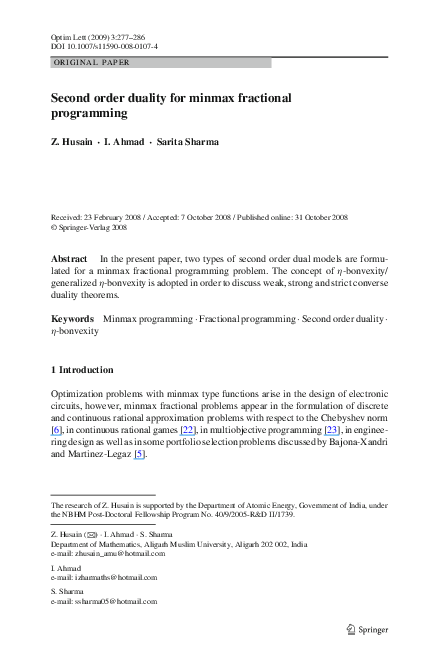 (PDF) Second order duality for minmax fractional programming | Izhar Ahmad - Academia.edu