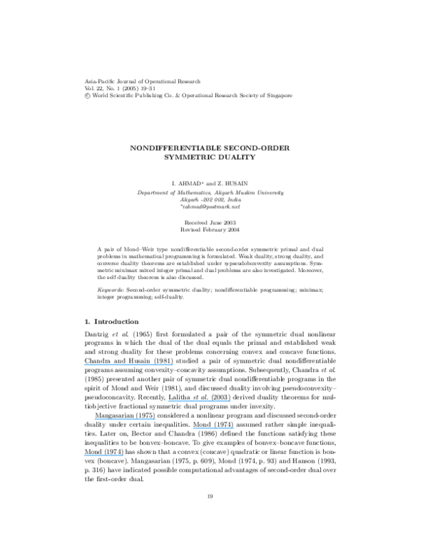 Pdf Nondifferentiable Second Order Symmetric Duality In Multiobjective Programming Izhar