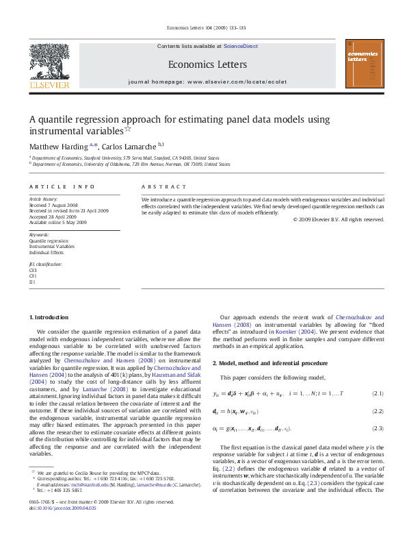 (PDF) A quantile regression approach for estimating panel data models using instrumental variables