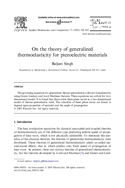 Pdf On The Theory Of Generalized Thermoelasticity For Piezoelectric Materials