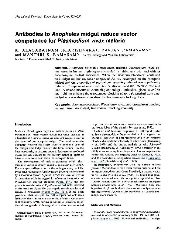 Antibodies to Anopheles midgut reduce vector competence for Plasmodium ...