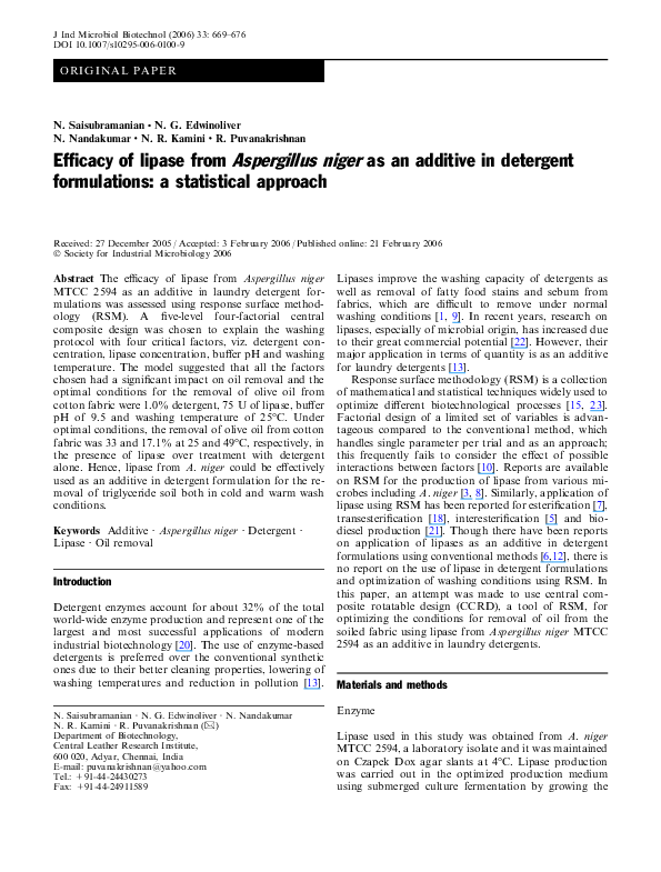 Pdf Efficacy Of Lipase From Aspergillus Niger As An Additive In