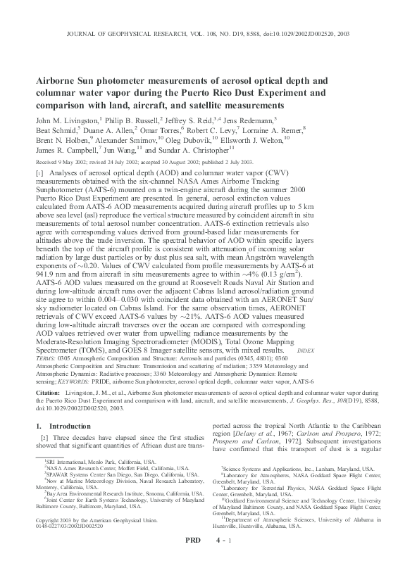 (PDF) Airborne Sun photometer measurements of aerosol optical depth and ...