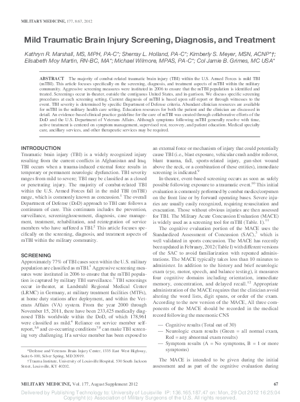 (PDF) Mild Traumatic Brain Injury Screening, Diagnosis, and Treatment
