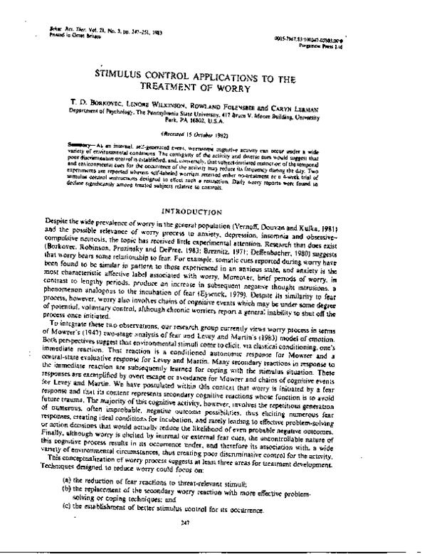 (PDF) Stimulus control applications to the treatment of worry