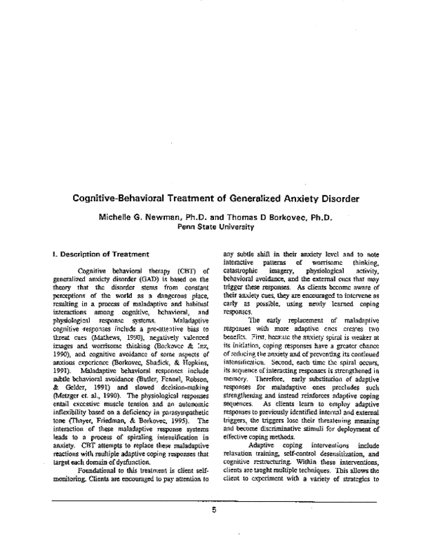 (PDF) Cognitive-Behavioral Treatment of Generalized Anxiety Disorder