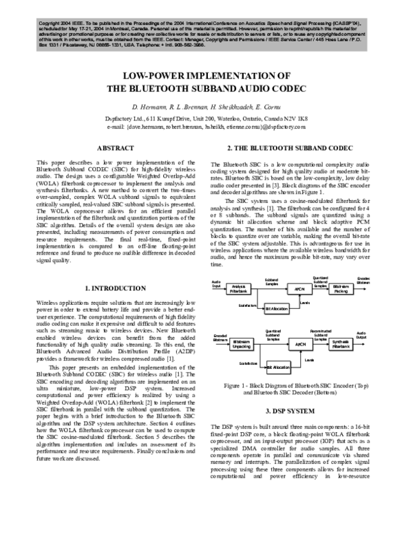 (PDF) Low-power implementation of the Bluetooth subband audio codec