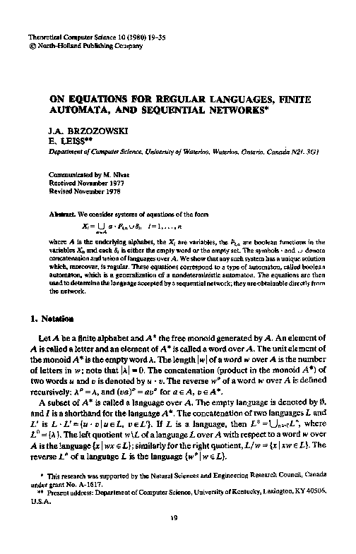 (PDF) On equations for regular languages, finite automata, and ...
