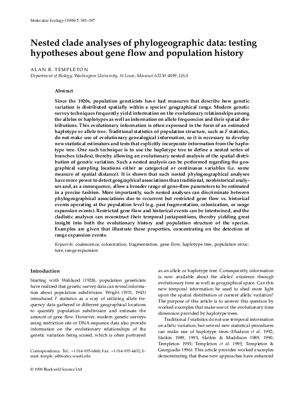 (PDF) Nested clade analyses of phylogeographic data: testing hypotheses ...