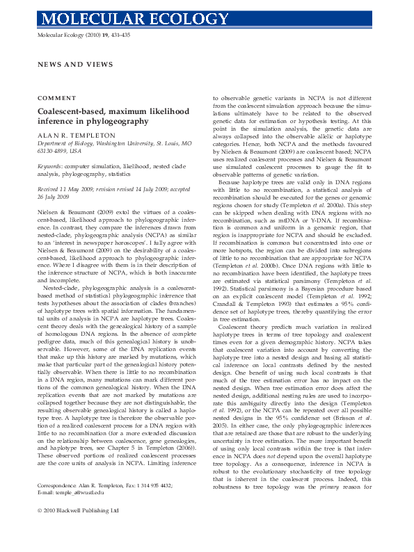 (PDF) Coalescent-based, maximum likelihood inference in phylogeography | Alan Templeton ...