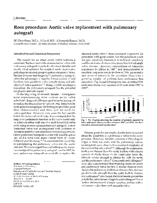 (PDF) Ross procedure: Aortic valve replacement with pulmonary autograft