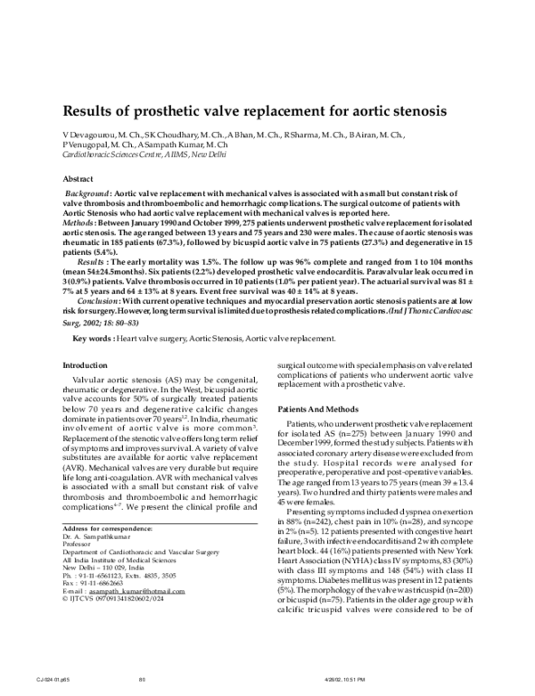 (PDF) Results of prosthetic valve replacement for aortic stenosis