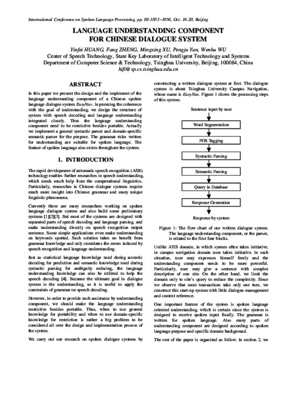 (PDF) Language understanding component for Chinese dialogue system