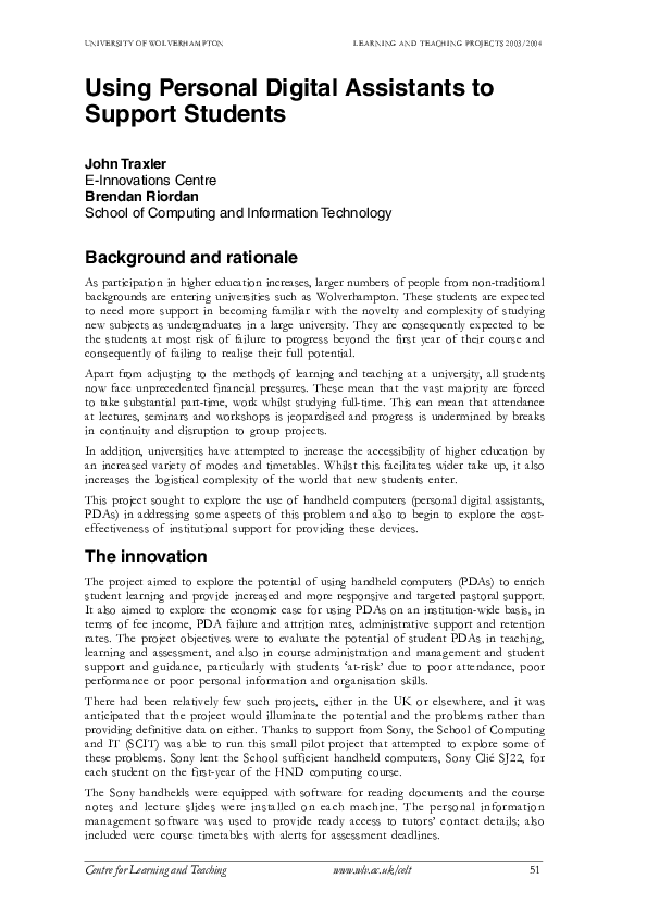 (PDF) Using Personal Digital Assistants to support students