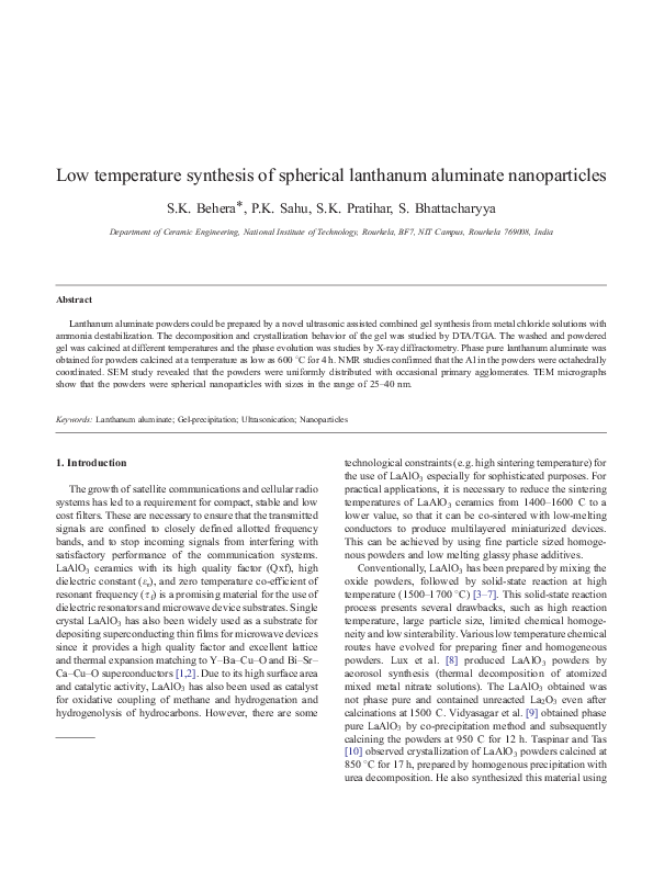 (PDF) Low temperature synthesis of spherical lanthanum aluminate nanoparticles | Swadesh ...