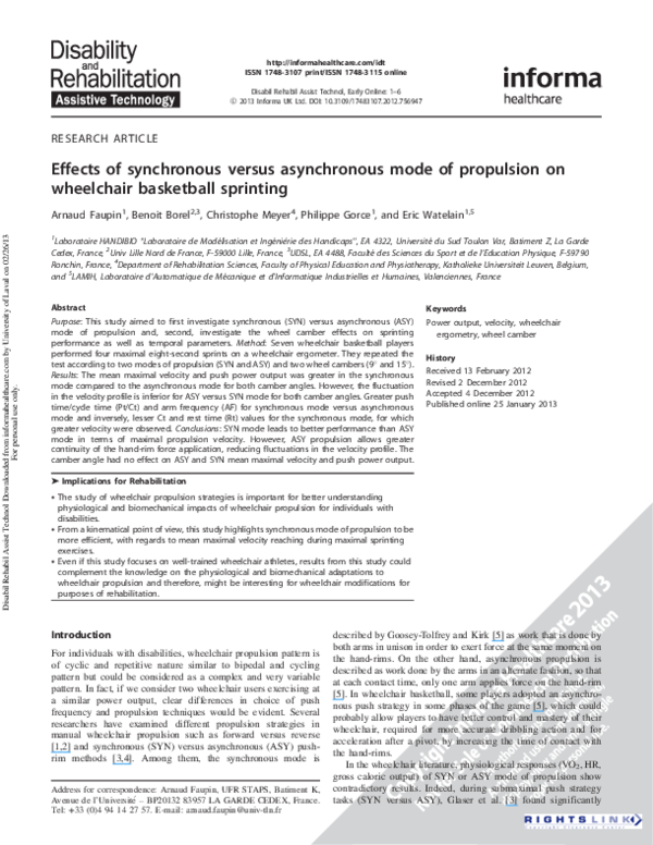 (PDF) Effects of synchronous versus asynchronous mode of propulsion on wheelchair basketball ...