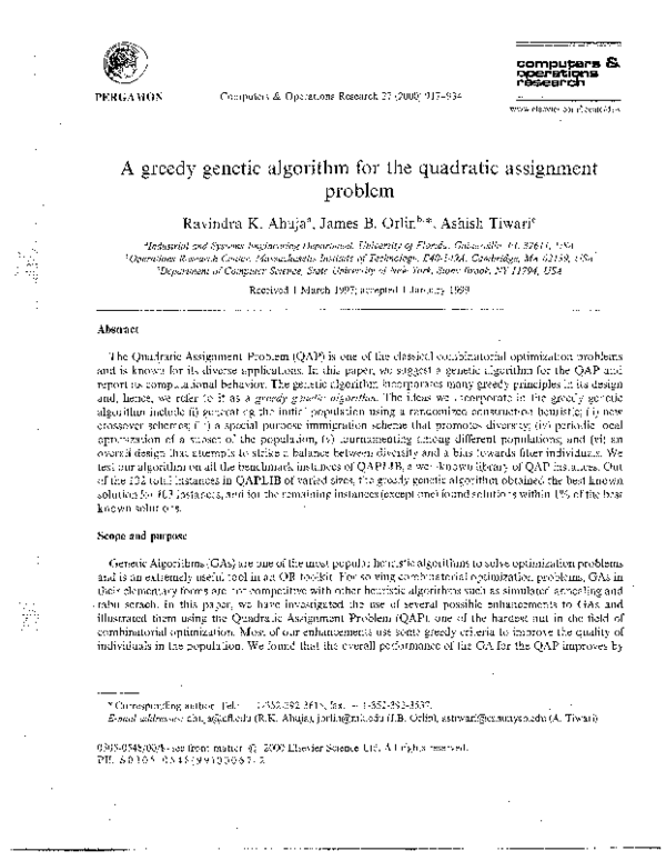 Pdf A Greedy Genetic Algorithm For The Quadratic Assignment Problem