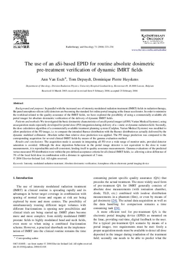 (PDF) The use of an aSi-based EPID for routine absolute dosimetric pre-treatment verification of ...
