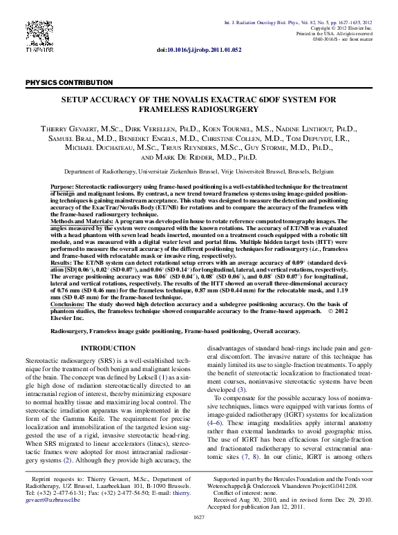 (PDF) Setup Accuracy of the Novalis ExacTrac 6DOF System for Frameless Radiosurgery