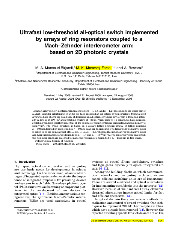 (PDF) Ultrafast low-threshold all-optical switch implemented by arrays of ring resonators ...