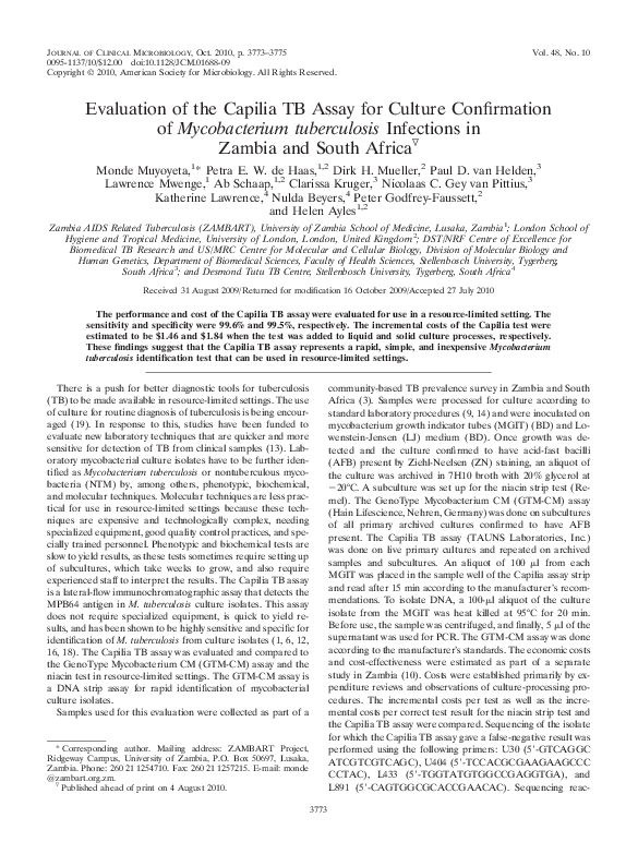 (PDF) Evaluation of the Capilia TB assay for culture confirmation of ...