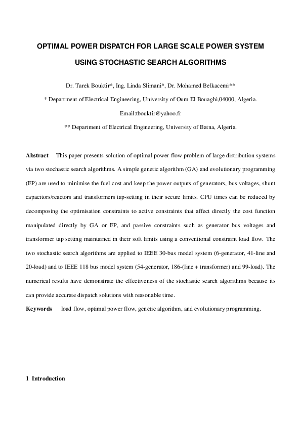 Pdf Optimal Power Dispatch For Large Scale Power System Using Stochastic Search Algorithms