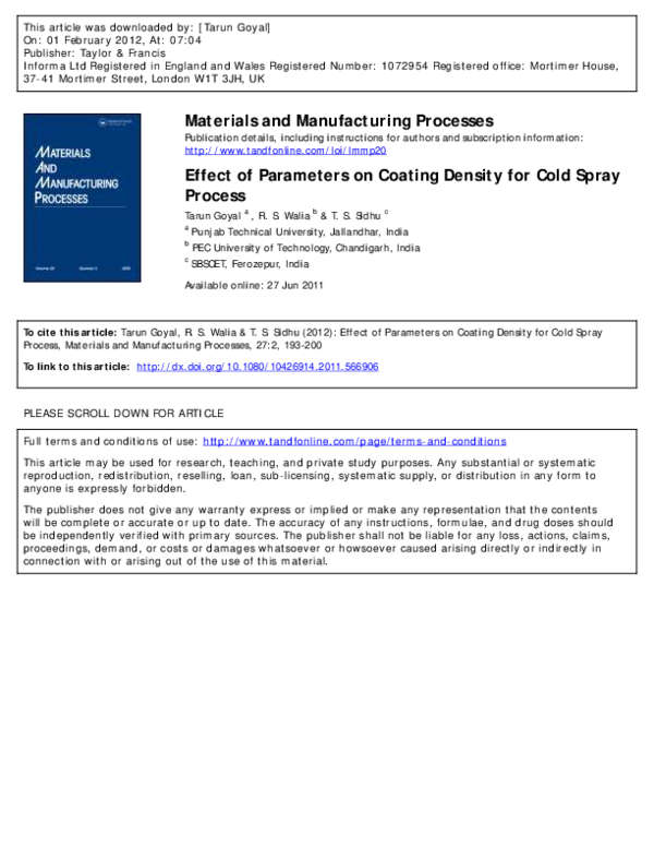 (PDF) Effect of Parameters on Coating Density for Cold Spray Process (PDF) Effect of Parameters on Coating Density for Cold Spray Process