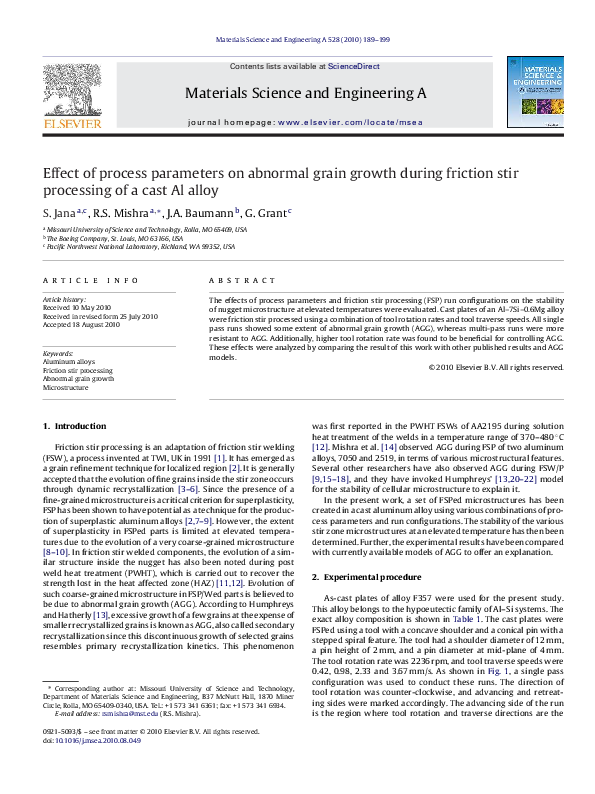 Pdf Effect Of Process Parameters On Abnormal Grain Growth During Friction Stir Processing Of A